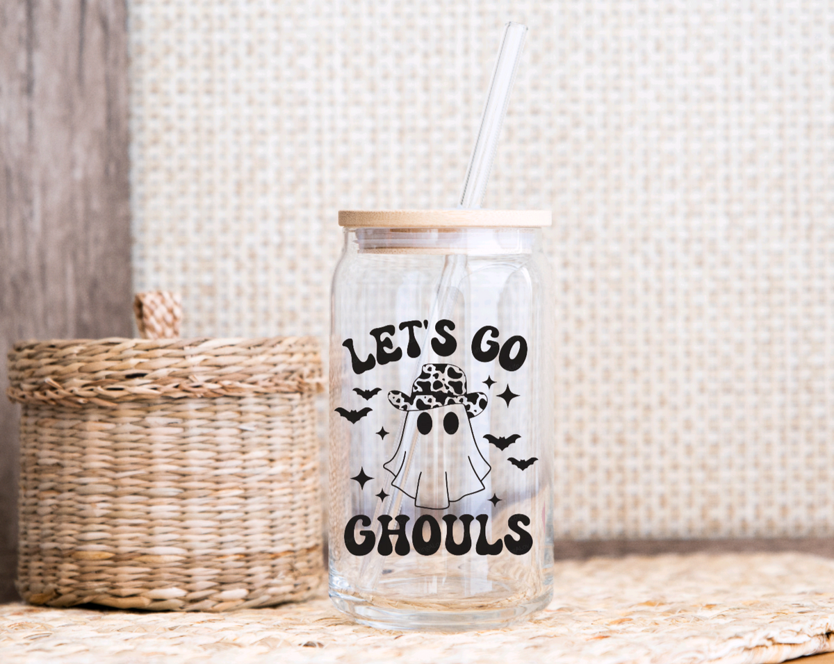 Lets Go Ghouls Ghost Halloween Glass Iced Coffee Cup With Bamboo Lid ...