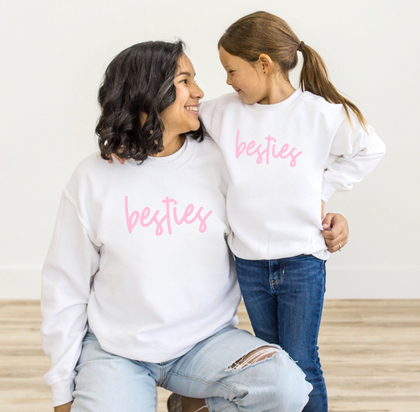 Besties Pink and White Matching Crewnecks | Simply Stitched Designs
