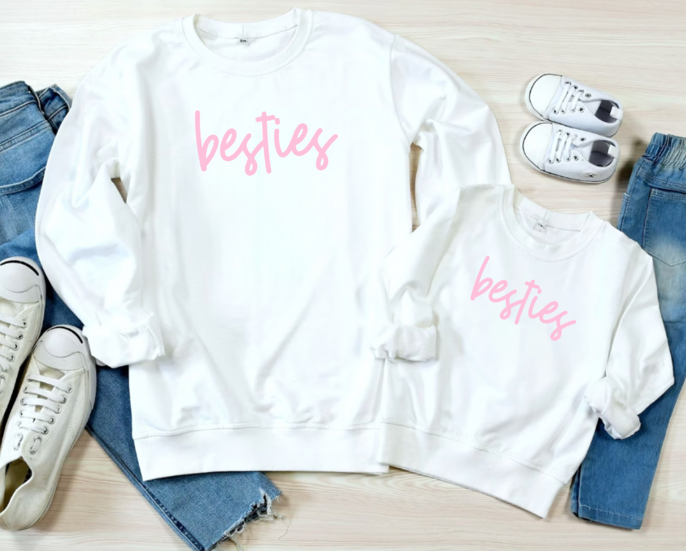 Besties Pink and White Matching Crewnecks | Simply Stitched Designs