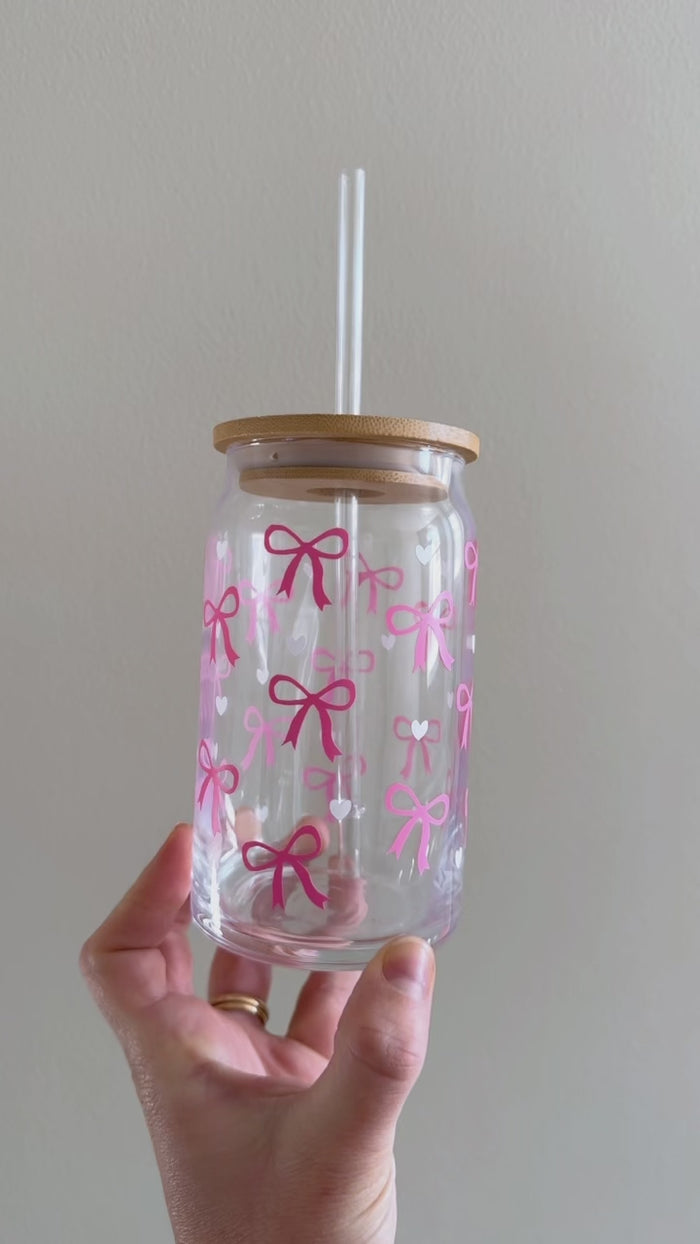 Coquette Pink Bow Glass With Bamboo Lid & Glass Straw | Simply Stitched ...
