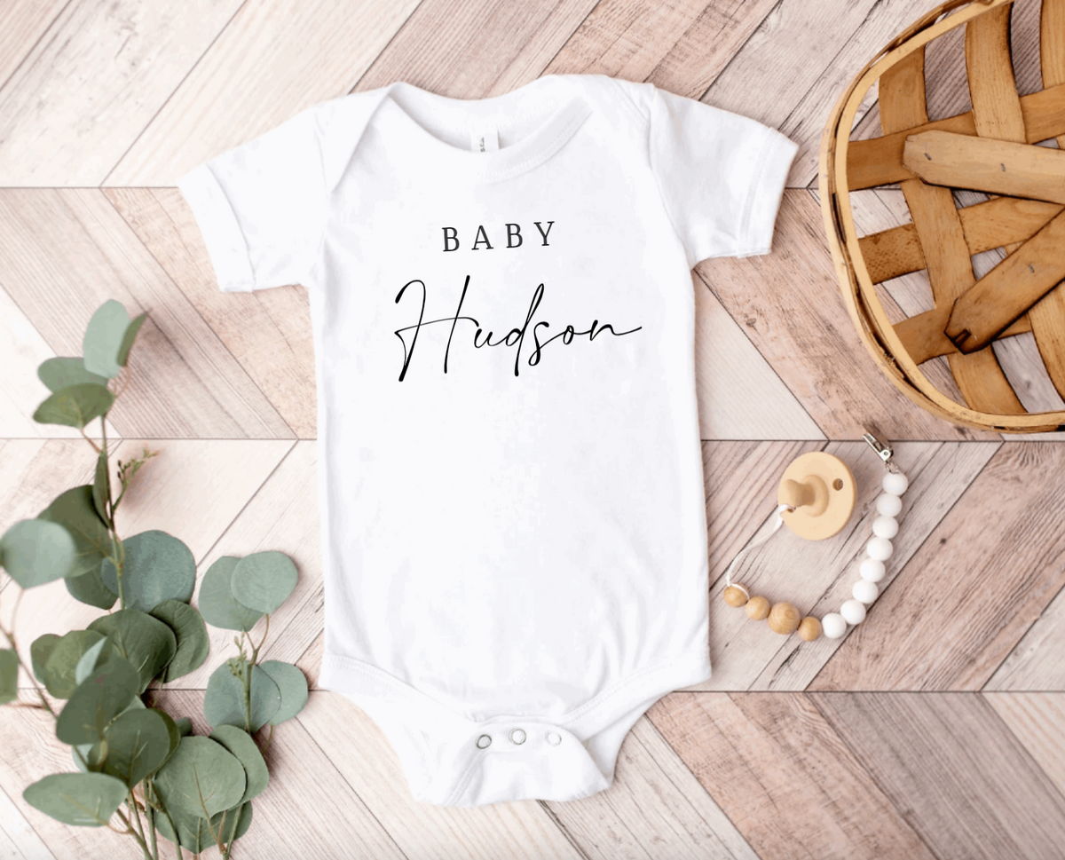 Personalized Baby Announcement White Bodysuit | Simply Stitched Designs